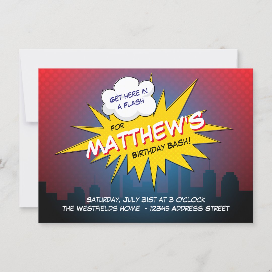Boom Superhero Kids Birthday Party Invitation | Zazzle