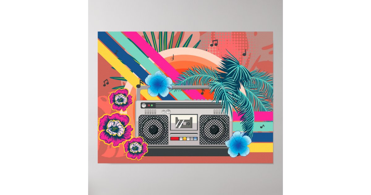 Boombox with tropical leaves and flowers poster | Zazzle