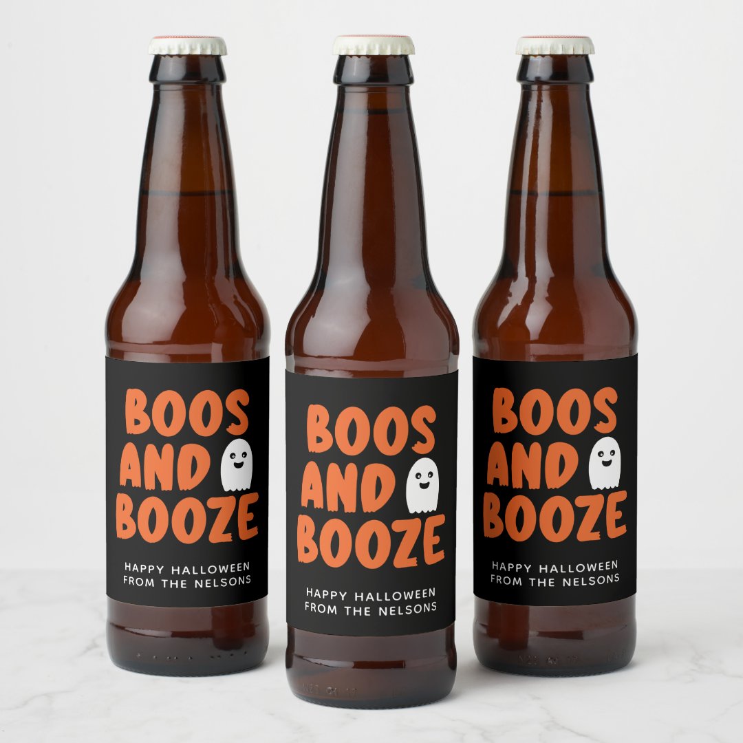 Boos and Booze Adult Halloween Ghost Black Beer Bottle Label | Zazzle
