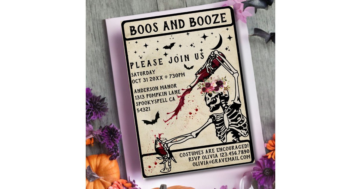 Boos and Booze Adult Vintage Skull Halloween Party Invitation | Zazzle