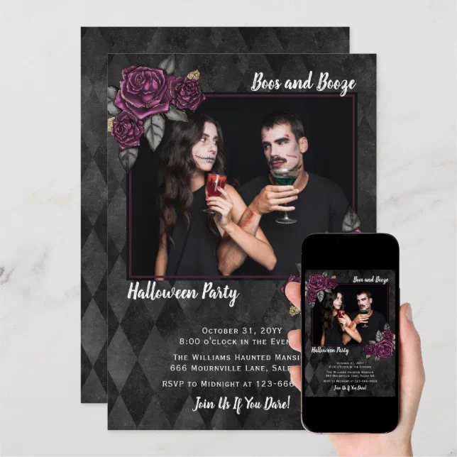Boos and Booze Gothic Roses Photo Halloween Invitation | Zazzle