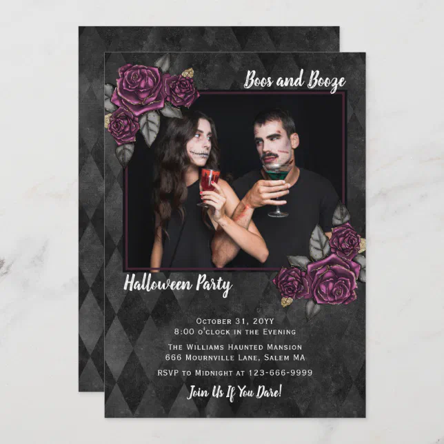 Boos and Booze Gothic Roses Photo Halloween Invitation | Zazzle