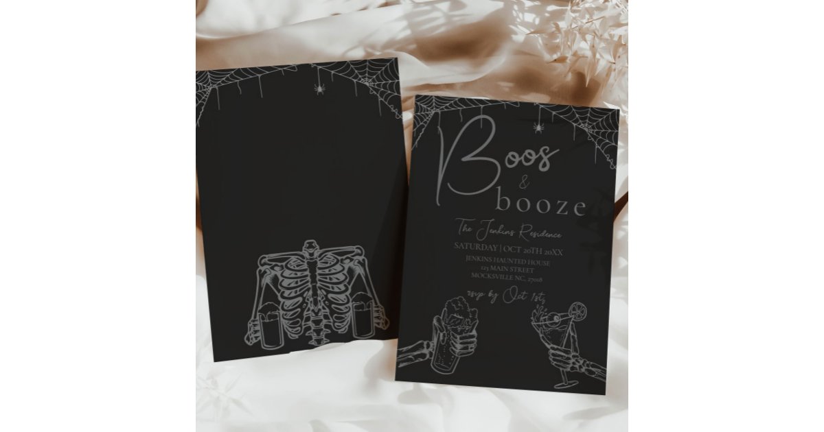 Boos and Booze Halloween Skeleton Party Invitation | Zazzle