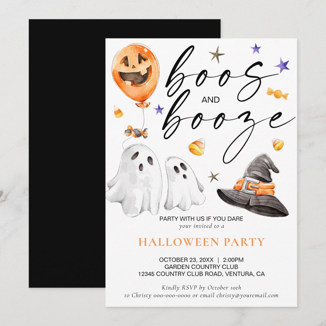 Boos and Booze Watercolor Ghost Halloween Party Invitation | Zazzle
