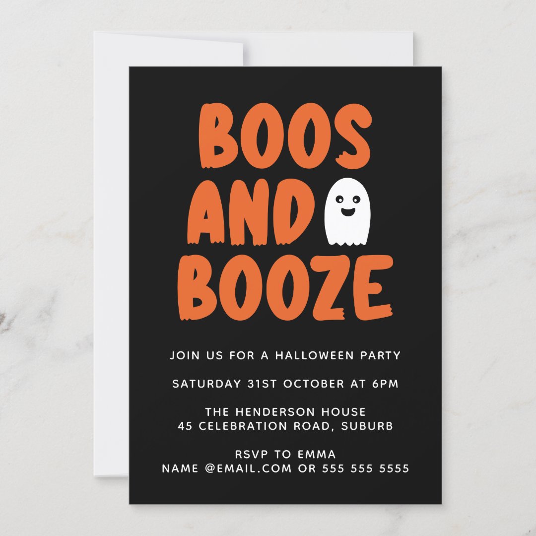 Boos & Booze Funny Cute Ghost Halloween Party Invitation | Zazzle