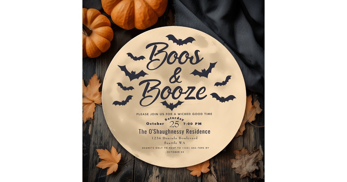 Boos & Booze Moon and Bats Adult Halloween Party Invitation | Zazzle