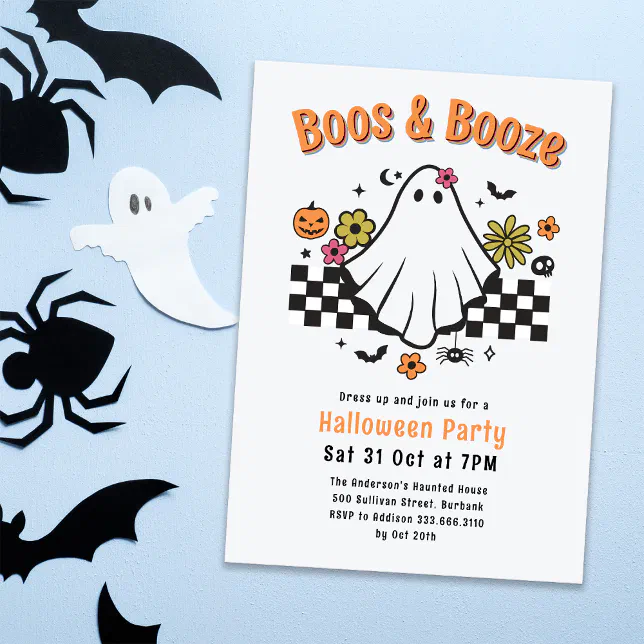 Boos & Booze Retro Ghost Halloween Costume Party Invitation | Zazzle