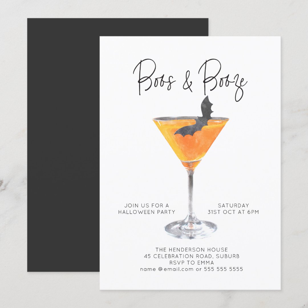 Boos & Booze Watercolor Cocktail Halloween Party Invitation | Zazzle