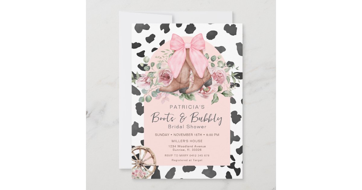 Boots and Bubbly Pink Cow Pattern Bridal Shower Invitation | Zazzle