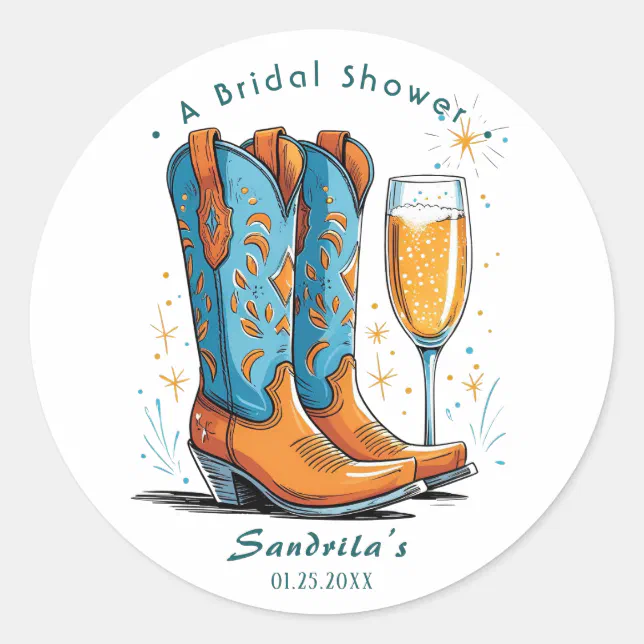 Boots and Bubbly Western Hand Drawn Classic Round Sticker | Zazzle