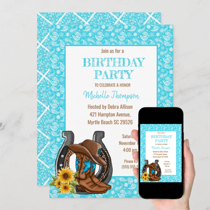 Boots Bandana Sunflower Birthday Invitation | Zazzle