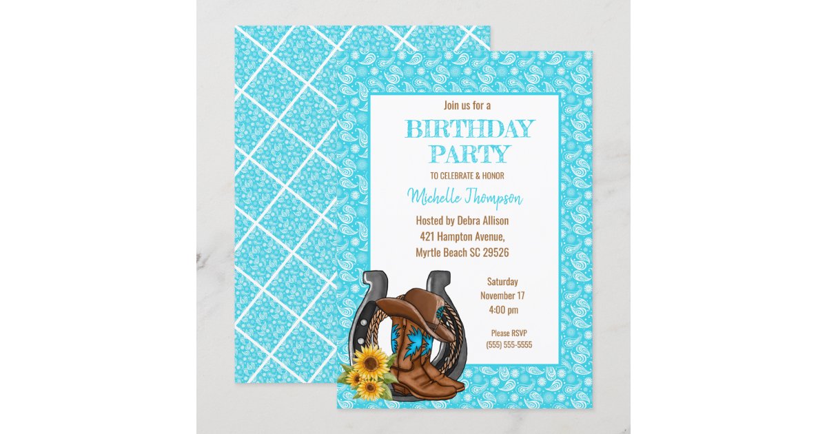 Boots Bandana Sunflower Birthday Invitation | Zazzle