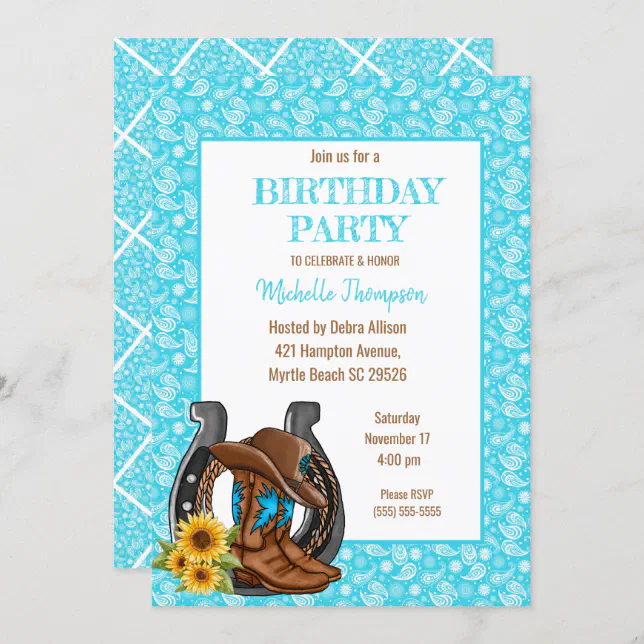 Boots Bandana Sunflower Birthday Invitation | Zazzle