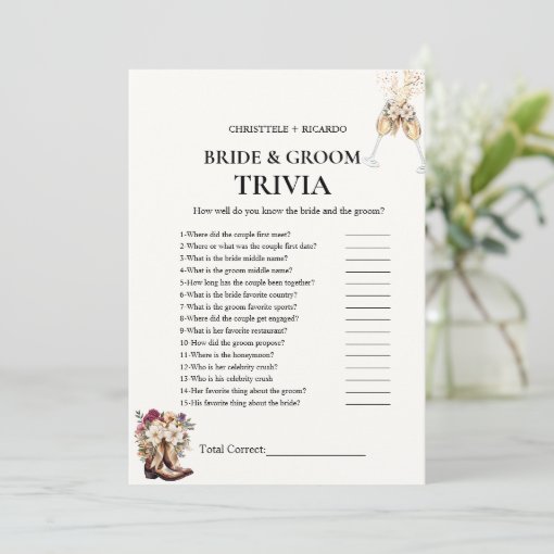 Boots & Bubbly bride & Groom Trivia Game Card | Zazzle