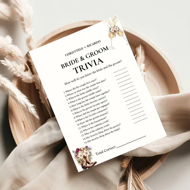 Boots & Bubbly bride & Groom Trivia Game Card | Zazzle