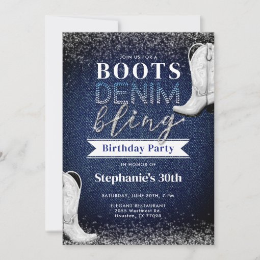 Boots Denim Bling Diamond Blue Jeans 30th Birthday Invitation | Zazzle