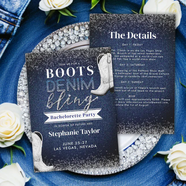 Boots Denim Bling Diamonds Chic Bachelorette Party Invitation | Zazzle