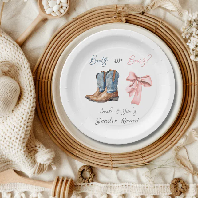 Boots or Bows Blue Pink Gender Reveal Party Paper Plates | Zazzle