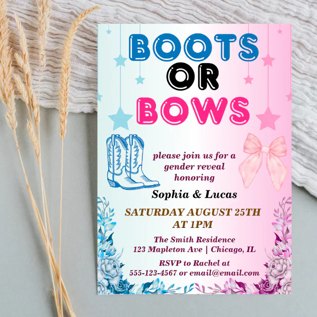 boots or bows gender reveal invitations | Zazzle