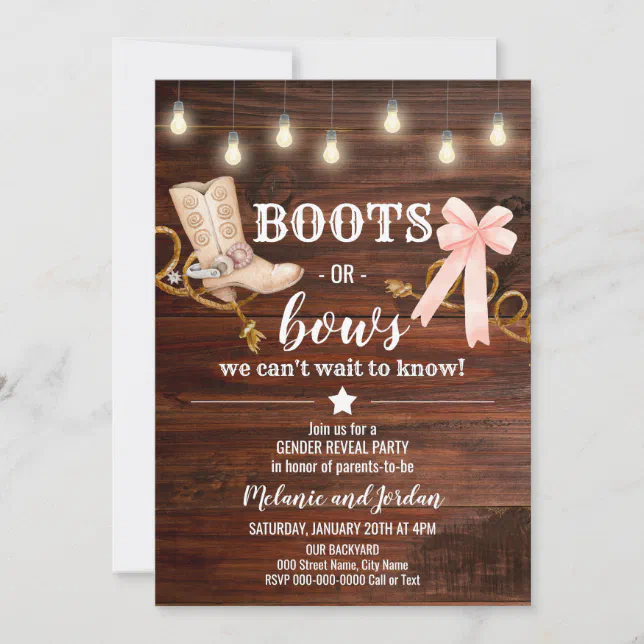 Boots or Bows Gender Reveal Party Invitation | Zazzle