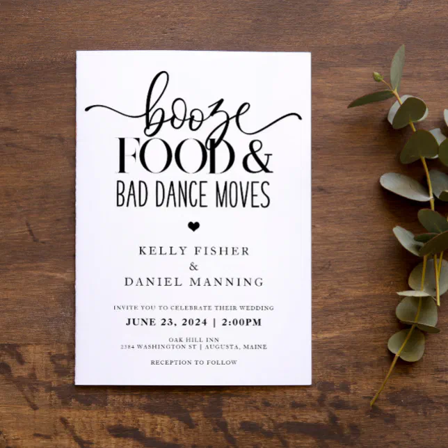 Booze Food and Bad Dance Moves Wedding Invitation | Zazzle