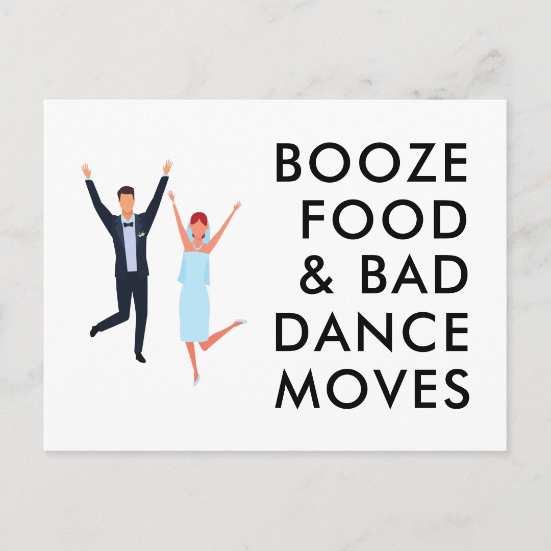 Booze, Food, Bad Dance Moves Funny Save the Dates Announcement Postcard ...