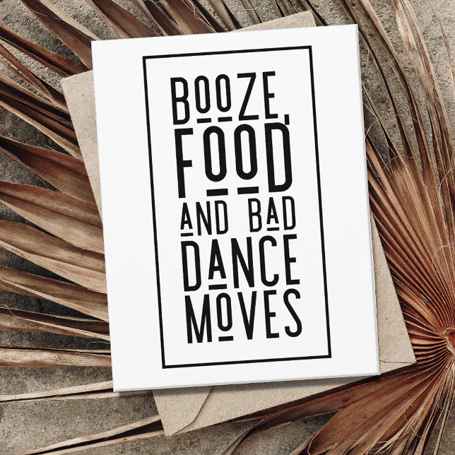 Booze, Food, Bad Dance Moves Funny Save the Dates Announcement Postcard ...