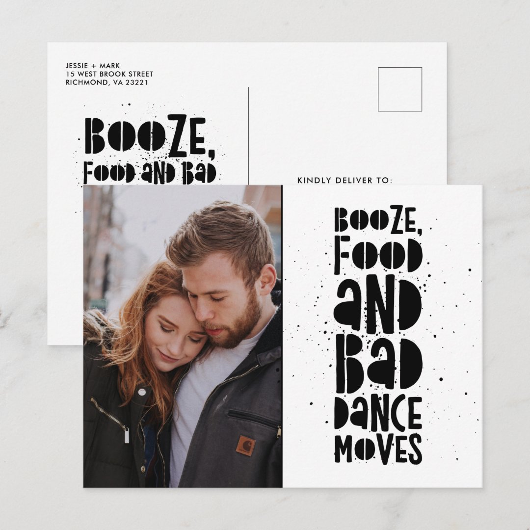 Booze, Food, Bad Dance Moves Photo Save the Dates Announcement Postcard ...