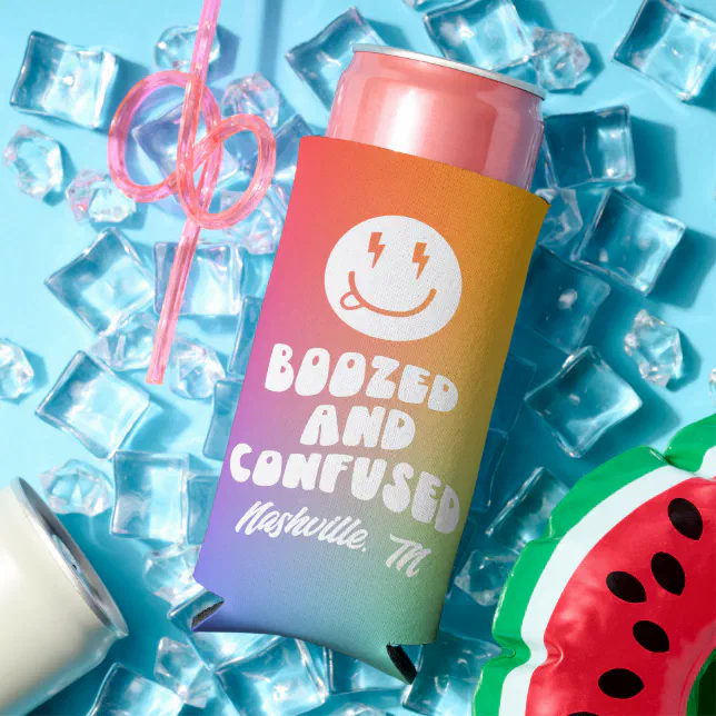 Boozed and Confused Retro Rainbow Bachelorette Seltzer Can Cooler | Zazzle