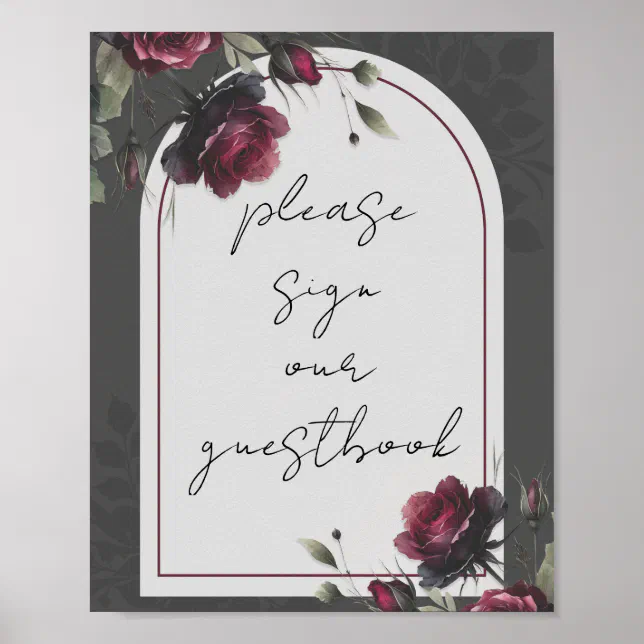 Bordeaux Red Roses Shadowy Floral Sign Guestbook | Zazzle