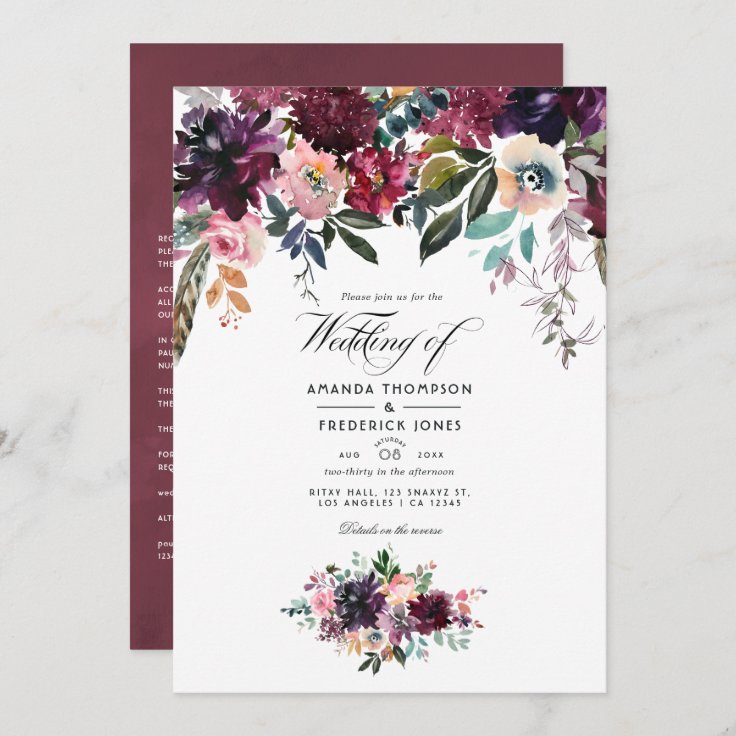 Bordeaux Wine Color Floral Garden Wedding Invitation | Zazzle