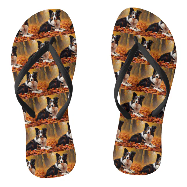 Border Collie in Autumn Leaves Fall Inspire Flip Flops | Zazzle