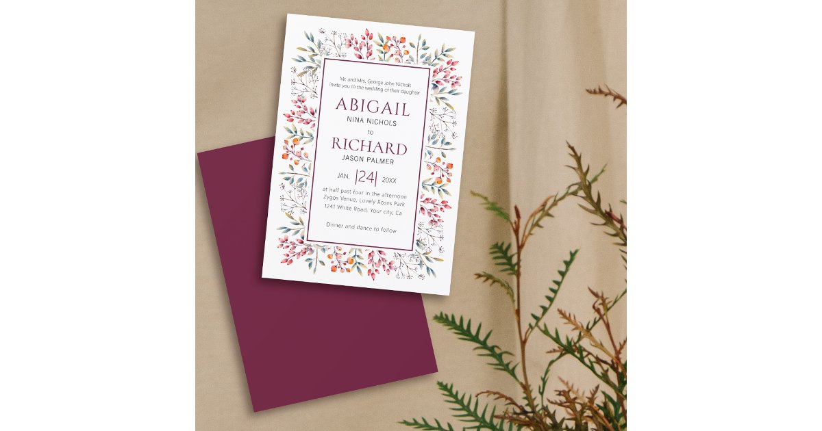 Border of leaves and berries burgundy wedding invitation | Zazzle