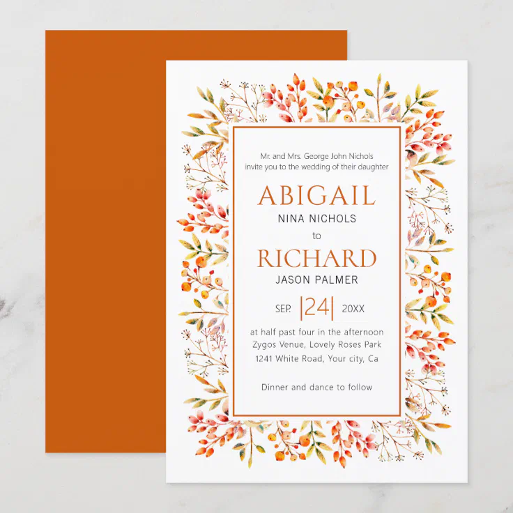 Border of leaves and berries burnt orange wedding invitation | Zazzle