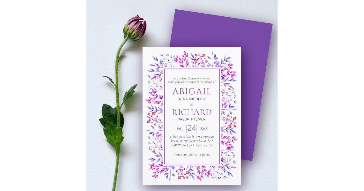 Border of leaves, berries violet purple wedding invitation | Zazzle