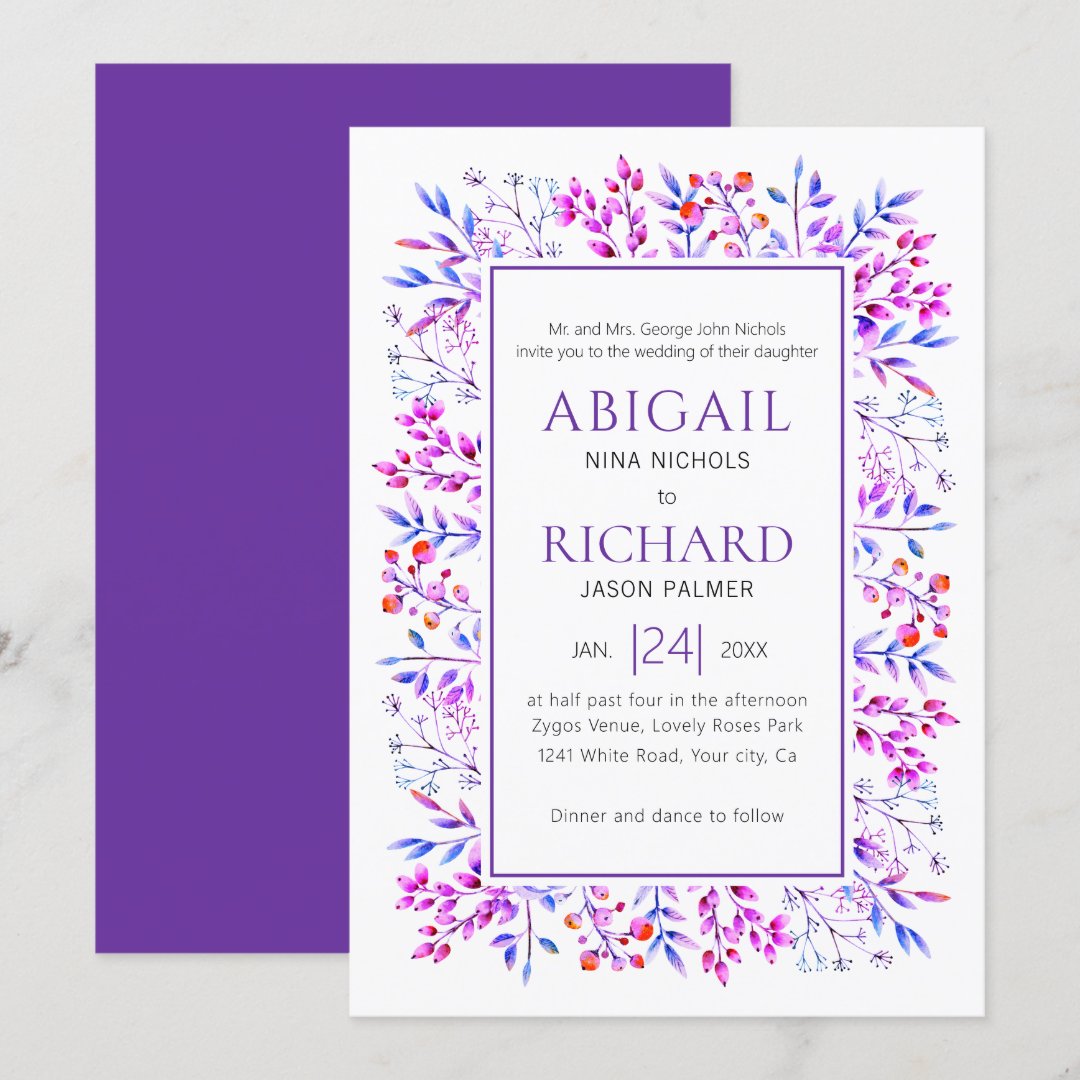 Border of leaves, berries violet purple wedding invitation | Zazzle