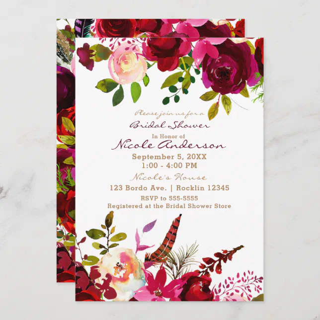 Bordo Burgundy Maroon Boho Floral Bridal Shower Invitation | Zazzle