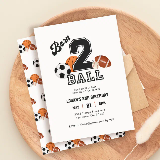 Born 2 Ball Sport Themed Boy 2nd Birthday Party Invitation | Zazzle