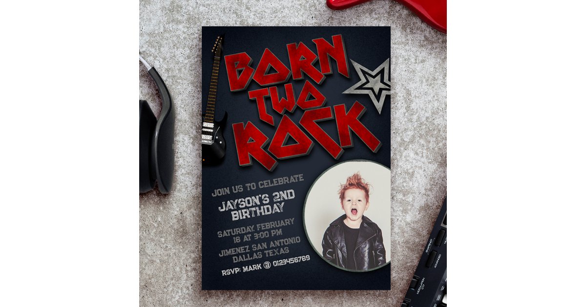 Born Two Rock - 2nd Birthday Invitation w/ Picture | Zazzle