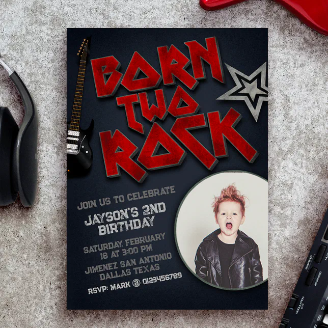 Born Two Rock - 2nd Birthday Invitation w/ Picture | Zazzle
