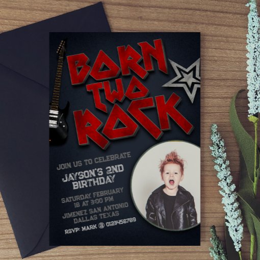 Born Two Rock - 2nd Birthday Invitation w/ Picture | Zazzle