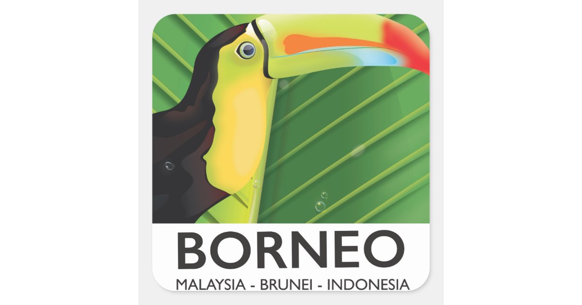 Borneo Toucan travel poster Square Sticker | Zazzle