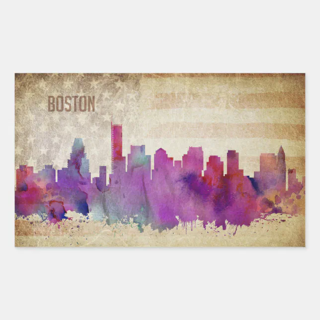 Boston, MA | Watercolor City Skyline Rectangular Sticker | Zazzle