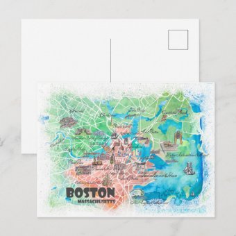 Boston Massachusetts USA Illustrated Map & roads Postcard | Zazzle