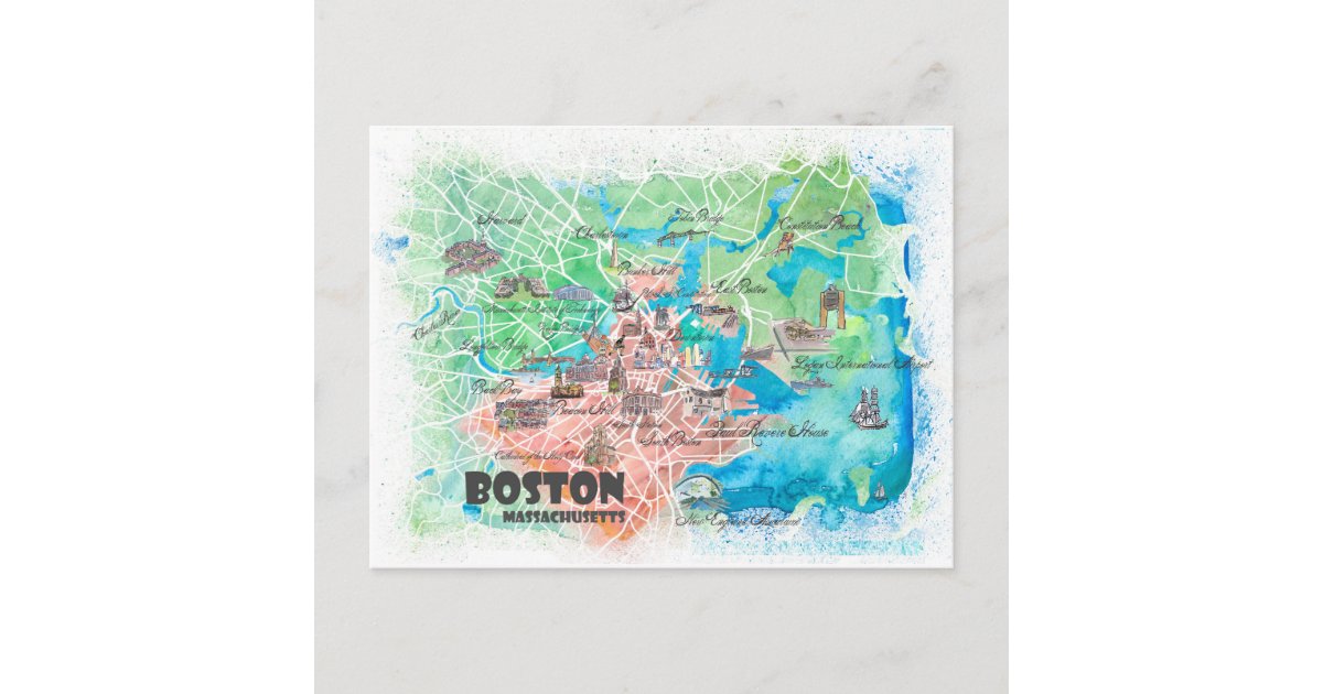 Boston Massachusetts USA Illustrated Map & roads Postcard | Zazzle