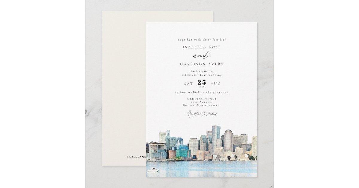 BOSTON Massachusetts Watercolor Skyline Wedding Invitation | Zazzle