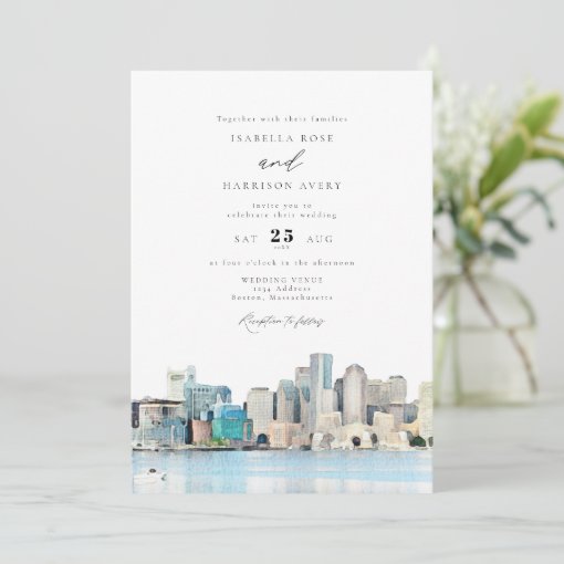 BOSTON Massachusetts Watercolor Skyline Wedding Invitation | Zazzle