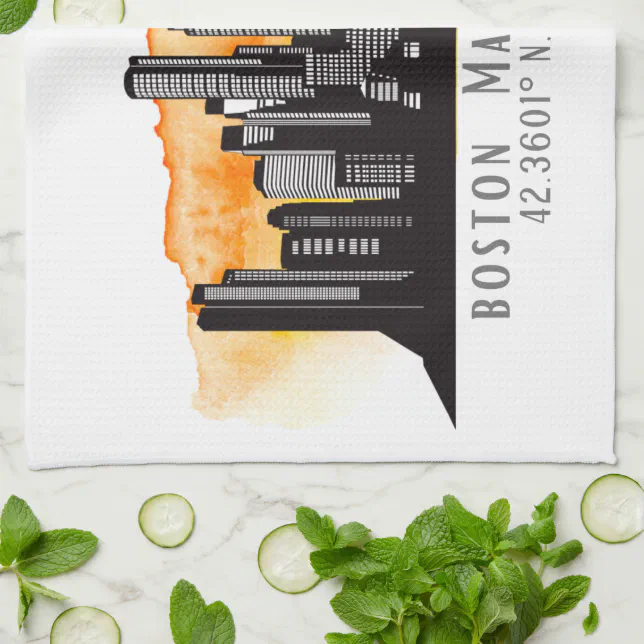 Boston Skyline Latitude and Longitude Kitchen Towel | Zazzle
