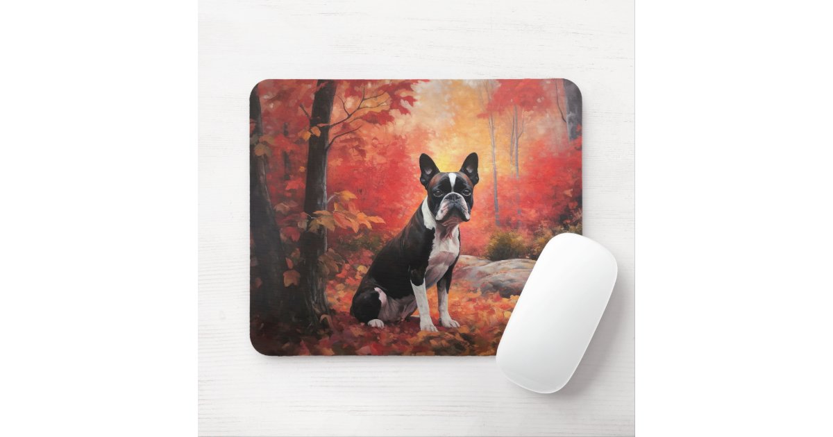 Boston Terrier in Autumn Leaves Fall Inspire Mouse Pad | Zazzle