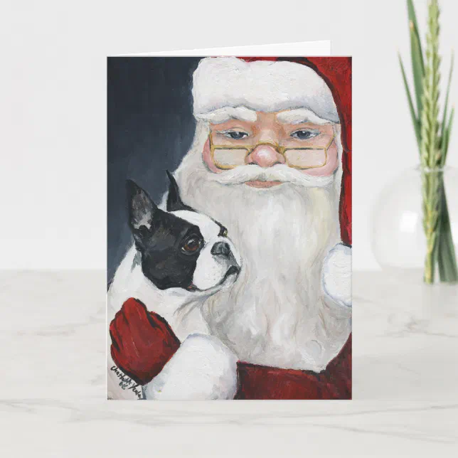 "Boston Terrier Tells Santa" Art Christmas Card | Zazzle